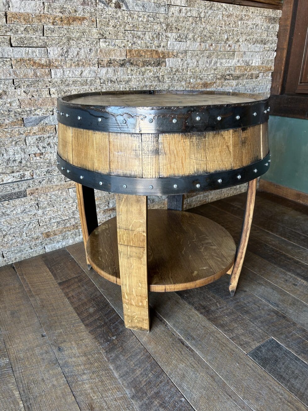 Laws Whiskey Barrel Table with Shelf | Alpine Wine Design